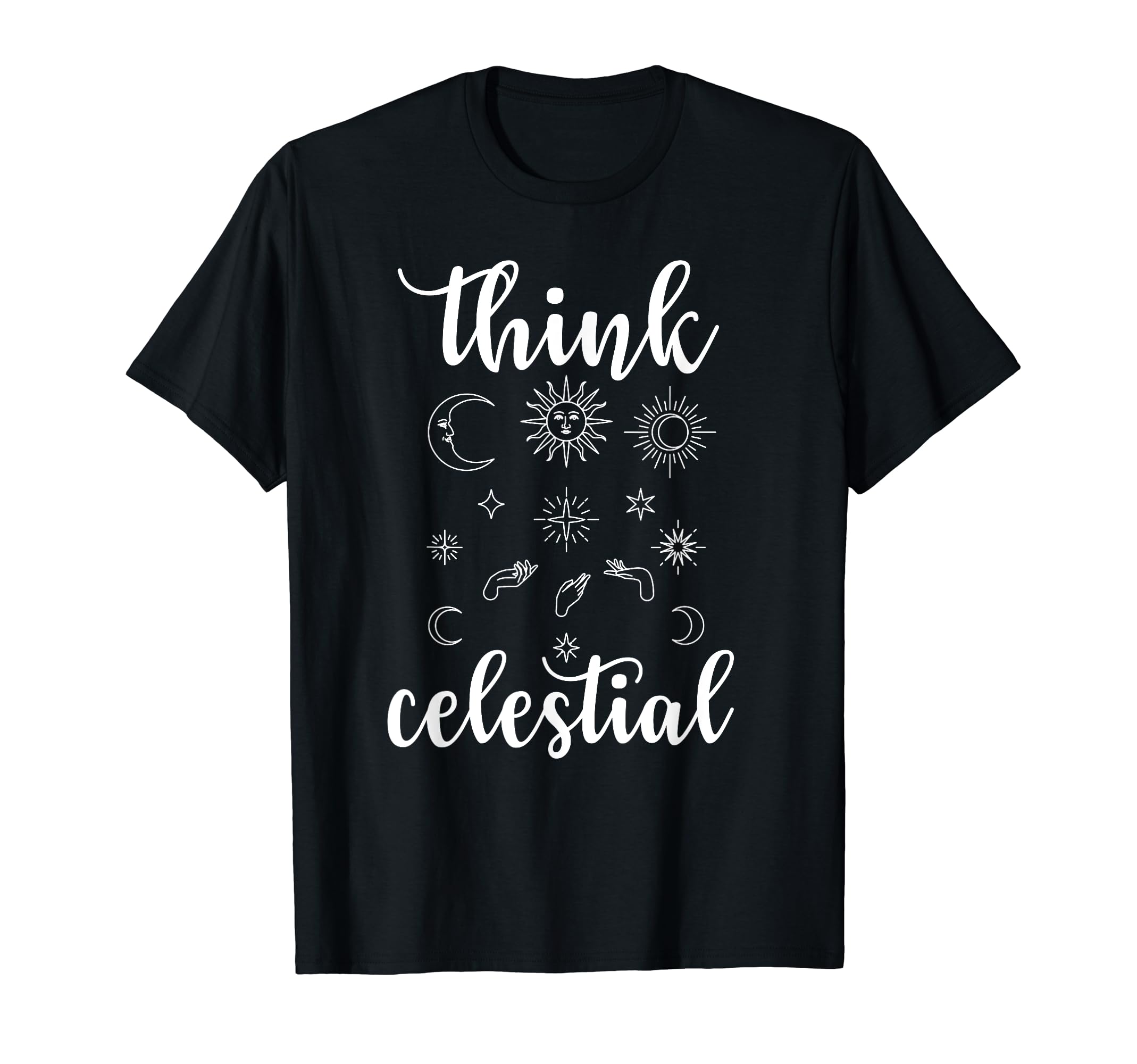 THINK CELESTIAL Celestial Moon Phase Moth Crystals Stars T-Shirt