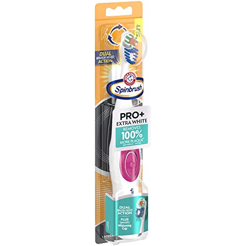 ARM & HAMMER Spinbrush PRO+ Extra White Battery-Operatedā Spinbrush Battery Powered Toothbrush Removes 100% More Plaque- Soft Bristles -Batteries Included