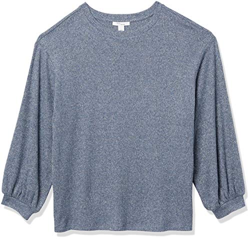 Daily Ritual Women's Cozy Knit Rib Blouson-Sleeve Sweatshirt, Blue Marl, Medium