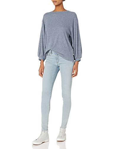 Daily Ritual Women's Cozy Knit Rib Blouson-Sleeve Sweatshirt, Blue Marl, Medium
