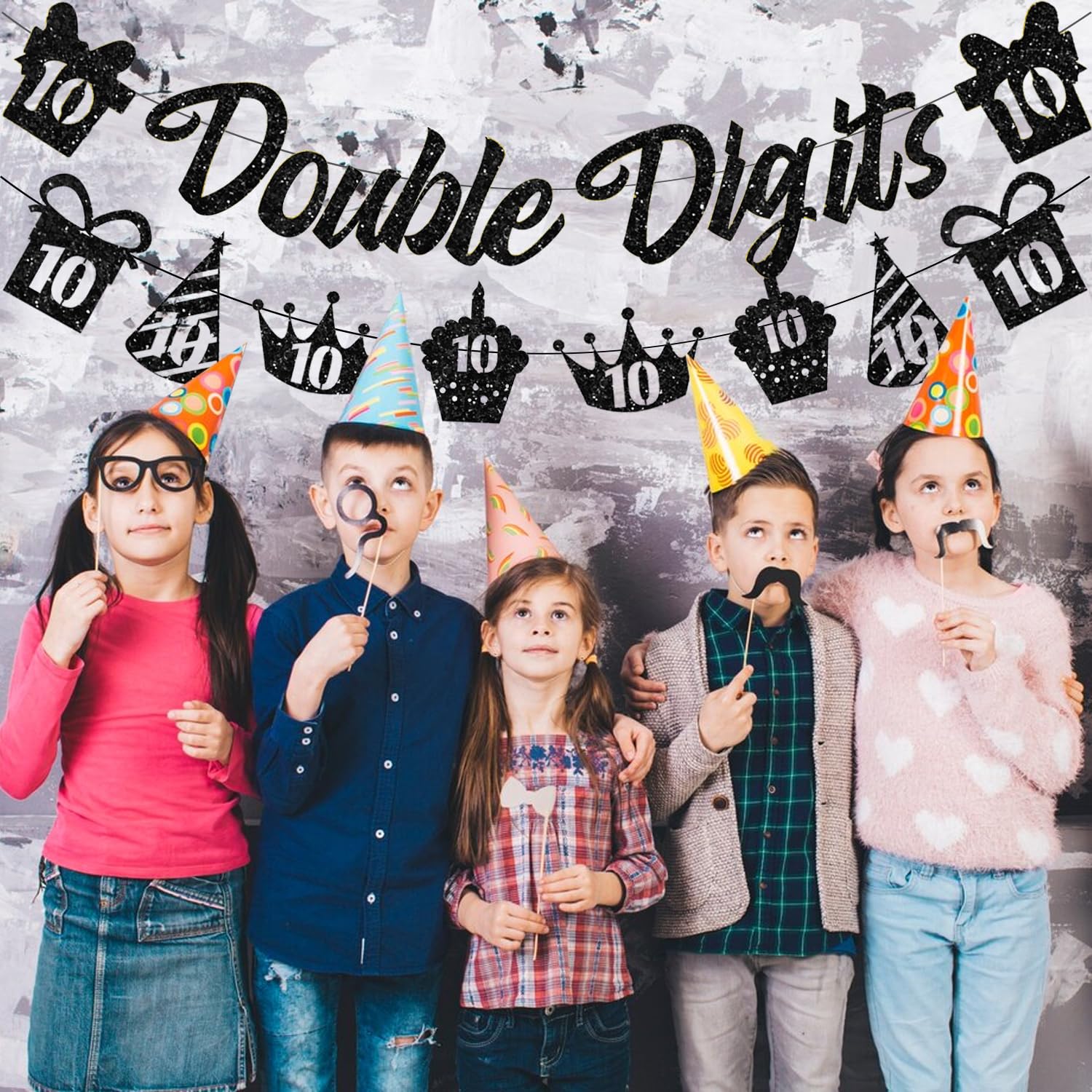 10th Birthday Decorations for Boys Double Digits Birthday Banner Black Glitter 10 Year Old Birthday Sign Ten Years Old Banner Garland