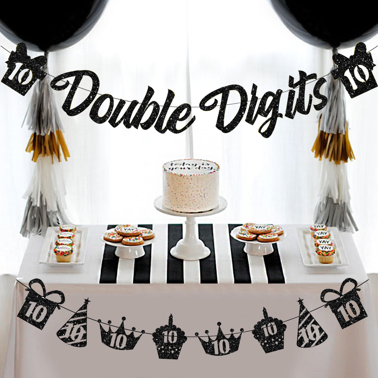 10th Birthday Decorations for Boys Double Digits Birthday Banner Black Glitter 10 Year Old Birthday Sign Ten Years Old Banner Garland
