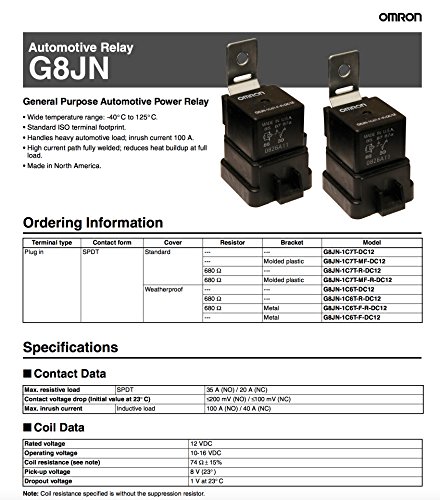 Omron Relay G8JN-1C6T-F-R-DC12 12VDC 30 AMP Made in USA