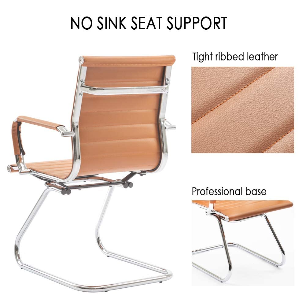 HNY Leather Office Guest Chairs & Reception Chairs Set of 6, Modern Waiting Room Chairs with Arms, Desk Chair no Wheels with Sled Base for Waiting Room/Conference Room, Cognac