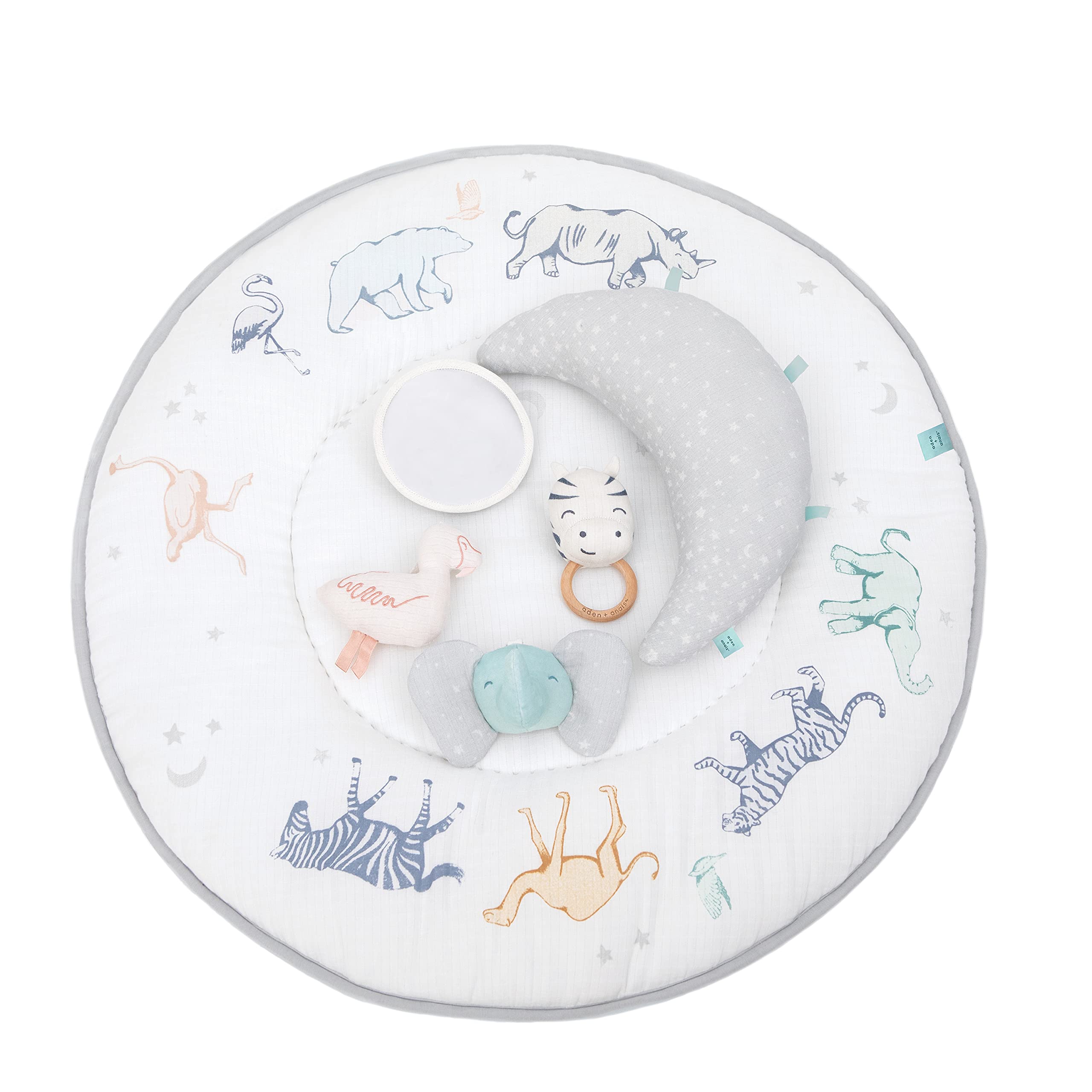aden + anais Play and Discover Baby Activity Gym β 30+ Developmental Benefits - 3 Attachable Toys + Plush Tummy Time Pillow β 100% Cotton Muslin β Machine Washable