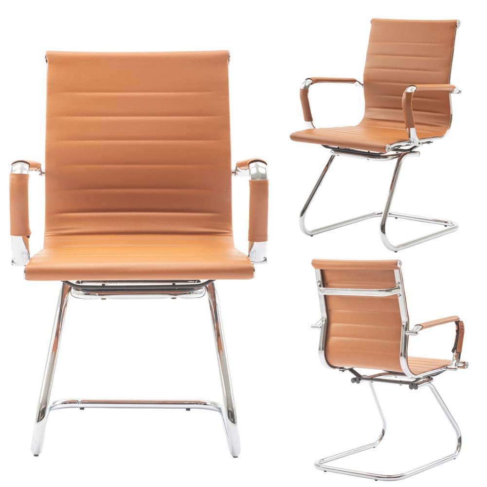 HNY Leather Office Guest Chairs & Reception Chairs Set of 6, Modern Waiting Room Chairs with Arms, Desk Chair no Wheels with Sled Base for Waiting Room/Conference Room, Cognac