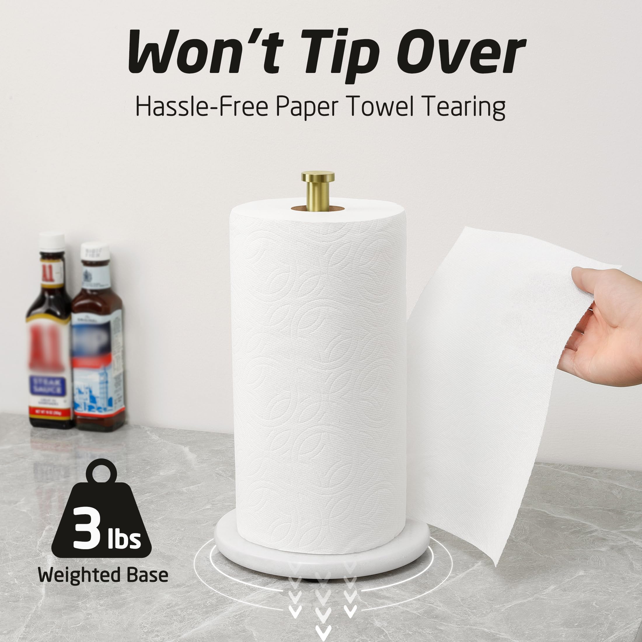 KES Gold Paper Towel Holder Kitchen Standing Paper Towel Roll Holders with Marble Base for Standard or Jumbo-Sized Rolls Brushed Brass, KPH100-BZ