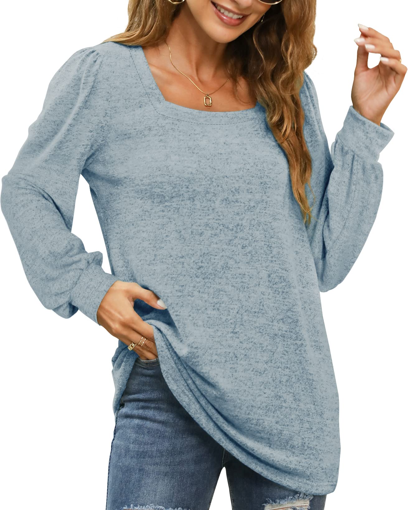 Womens Fall Clothes Trendy Long Sleeve Square Neck Tops 2024 Grey Blue L