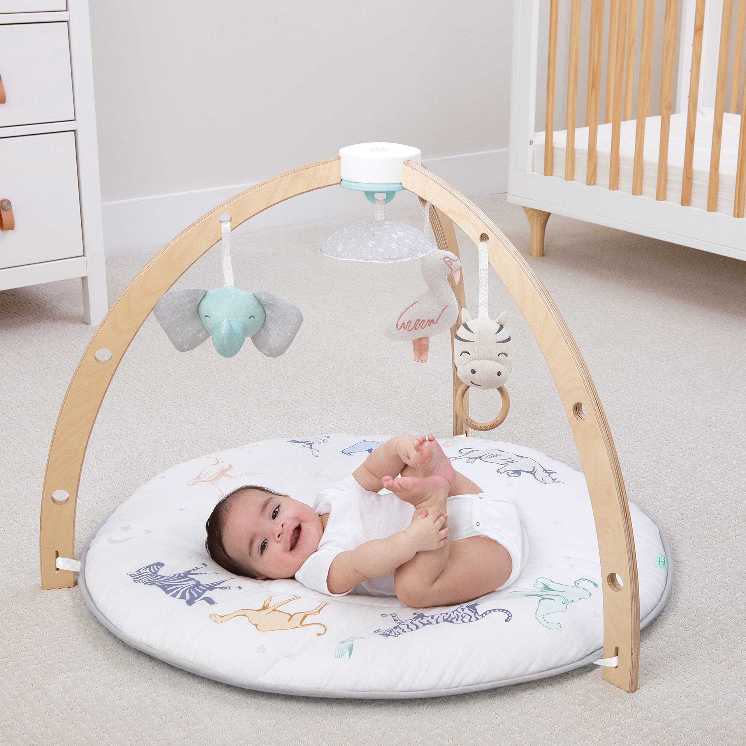 aden + anais Play and Discover Baby Activity Gym β 30+ Developmental Benefits - 3 Attachable Toys + Plush Tummy Time Pillow β 100% Cotton Muslin β Machine Washable