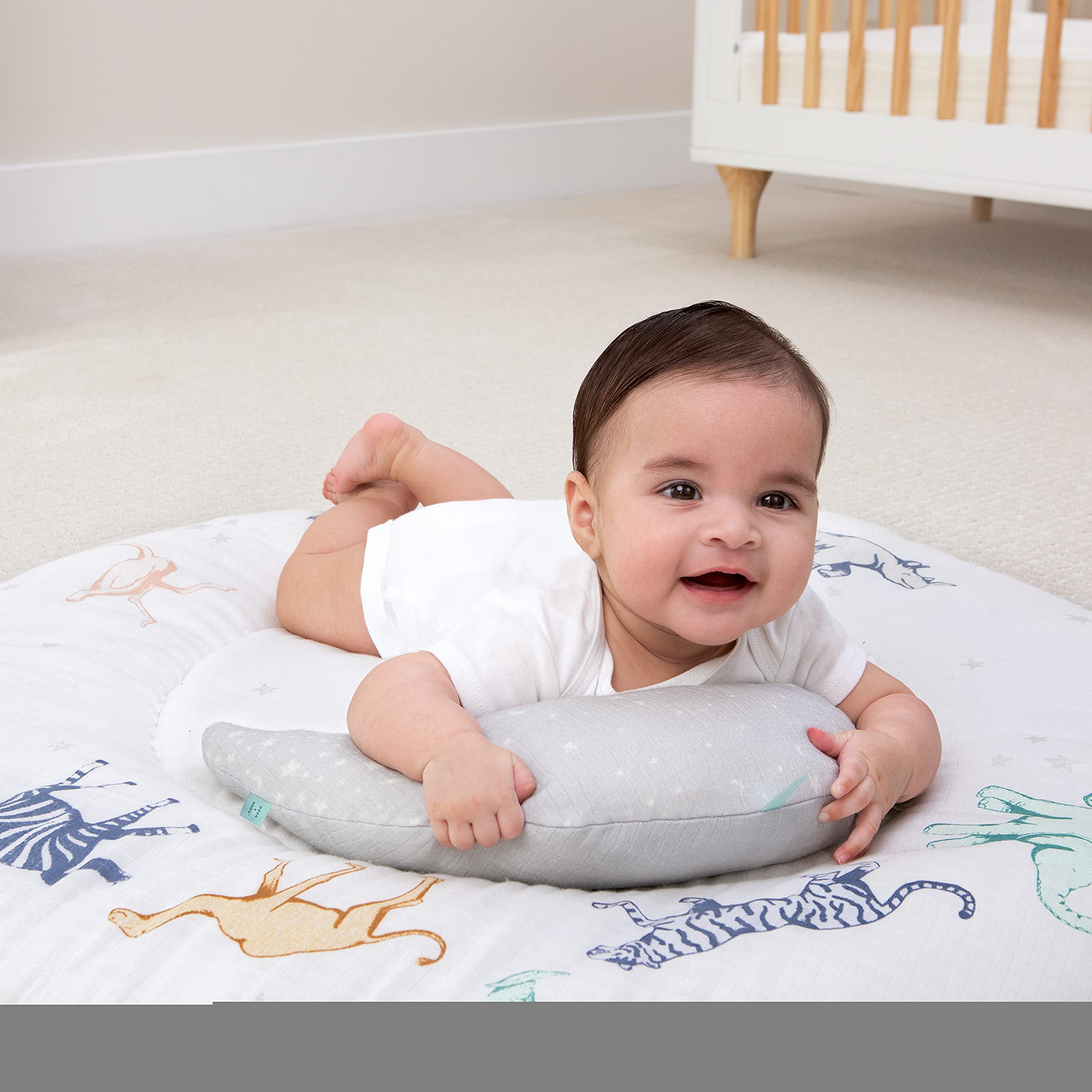 aden + anais Play and Discover Baby Activity Gym β 30+ Developmental Benefits - 3 Attachable Toys + Plush Tummy Time Pillow β 100% Cotton Muslin β Machine Washable