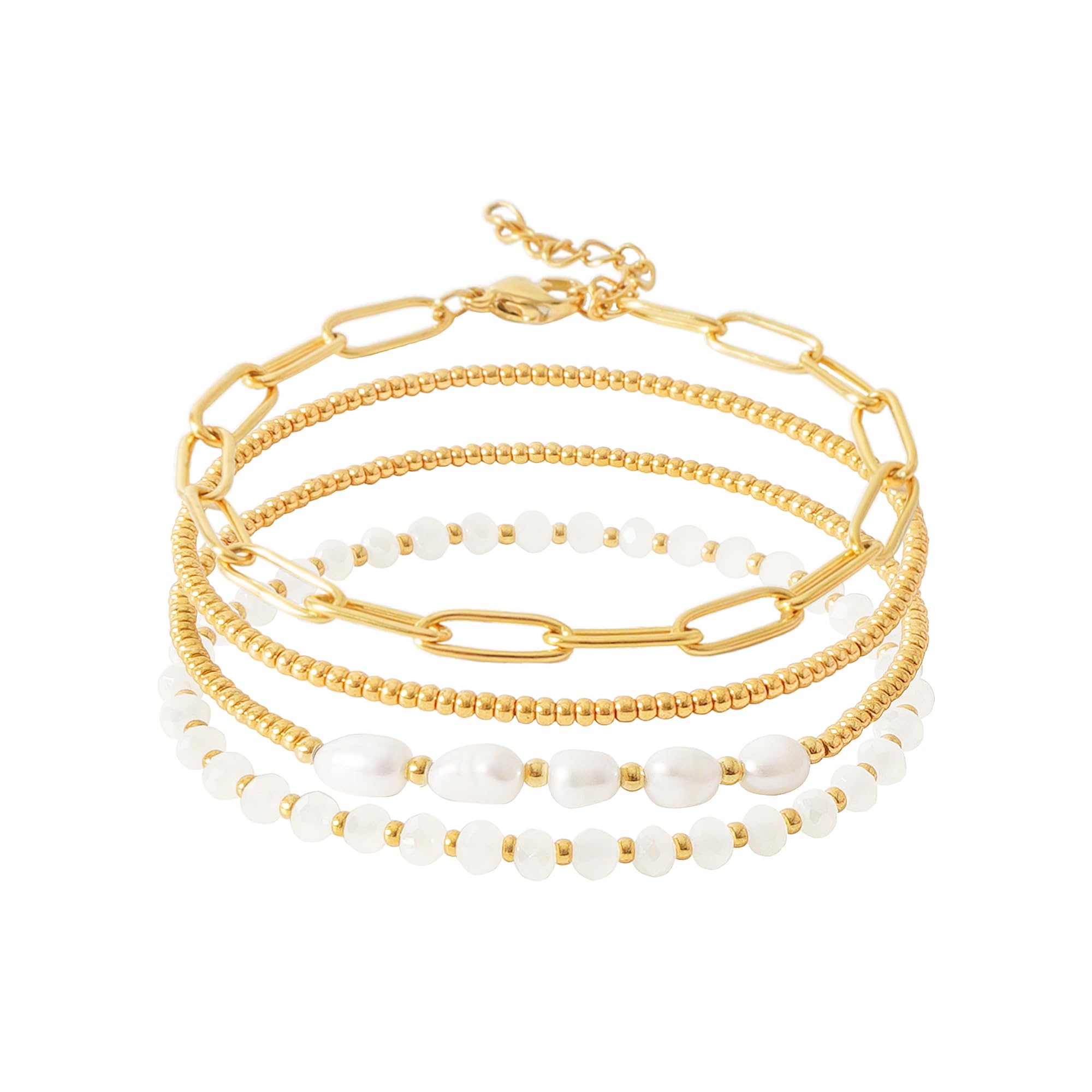 Pymach Dainty Gold Pearl Crystal Beaded Bracelets Set for Women 14K Real Gold Plated Bead Pearl Crystal Beads Bracelet Stackable Paperclip Link Chain Bracelets Gold Bracelets for Women Trendy Jewelry