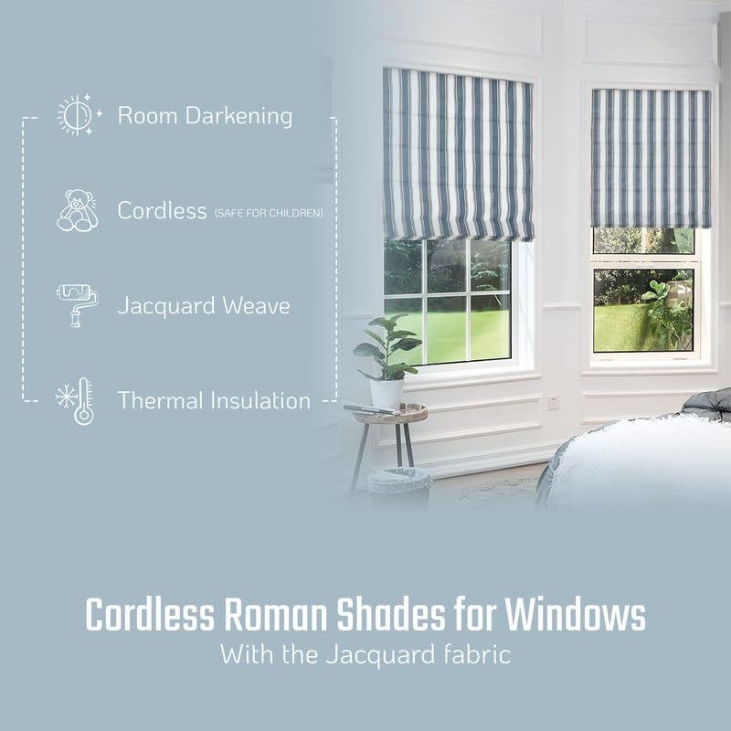 Everyday Celebration Roman Shades for Windows, Cordless Room Darkening Roman Window Shades, Pull Down Yarn-Dyed Vertical Stripe Window, Indoor Blinds & Shades with Woven Fabric, 35" W X 64" H, (Blue)