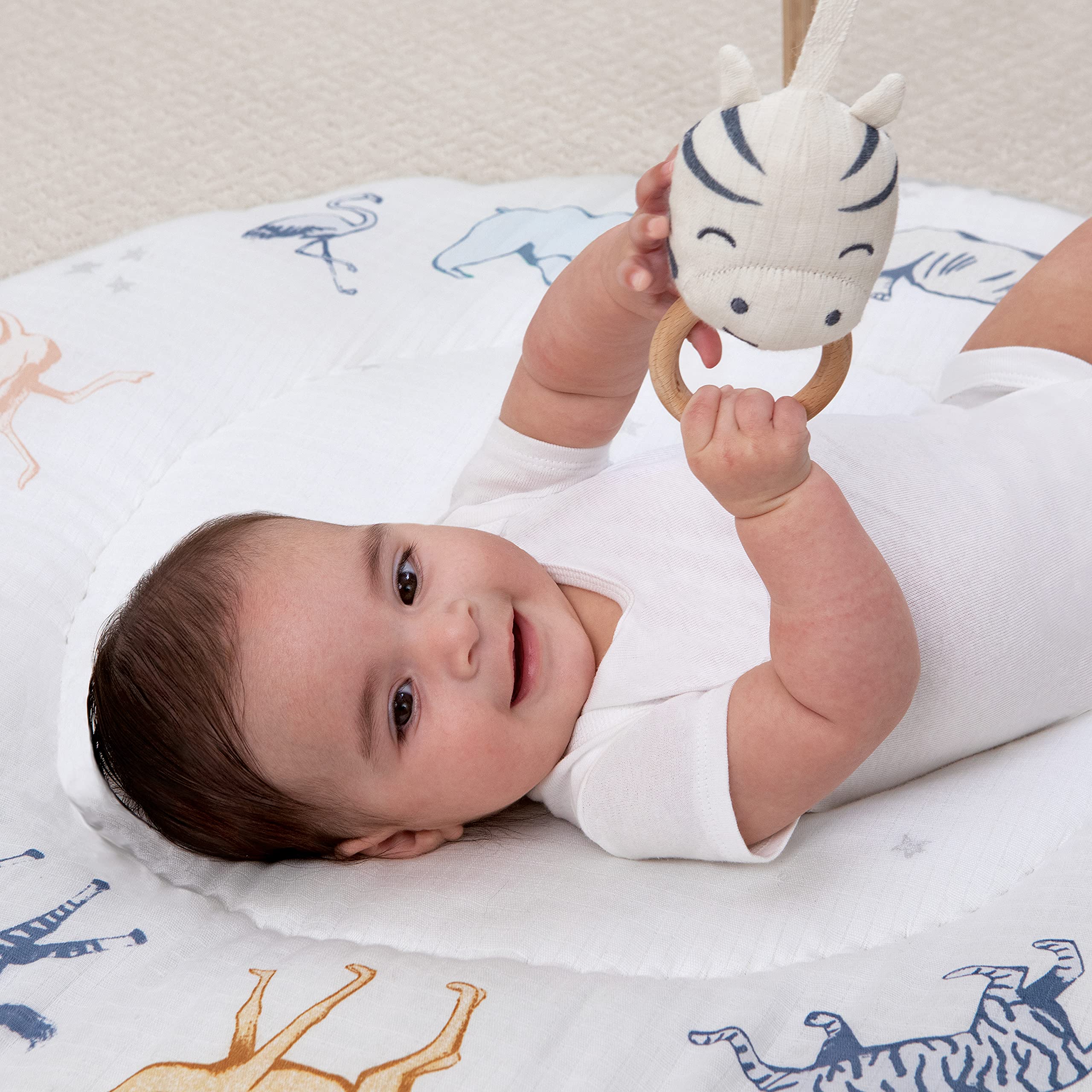 aden + anais Play and Discover Baby Activity Gym β 30+ Developmental Benefits - 3 Attachable Toys + Plush Tummy Time Pillow β 100% Cotton Muslin β Machine Washable