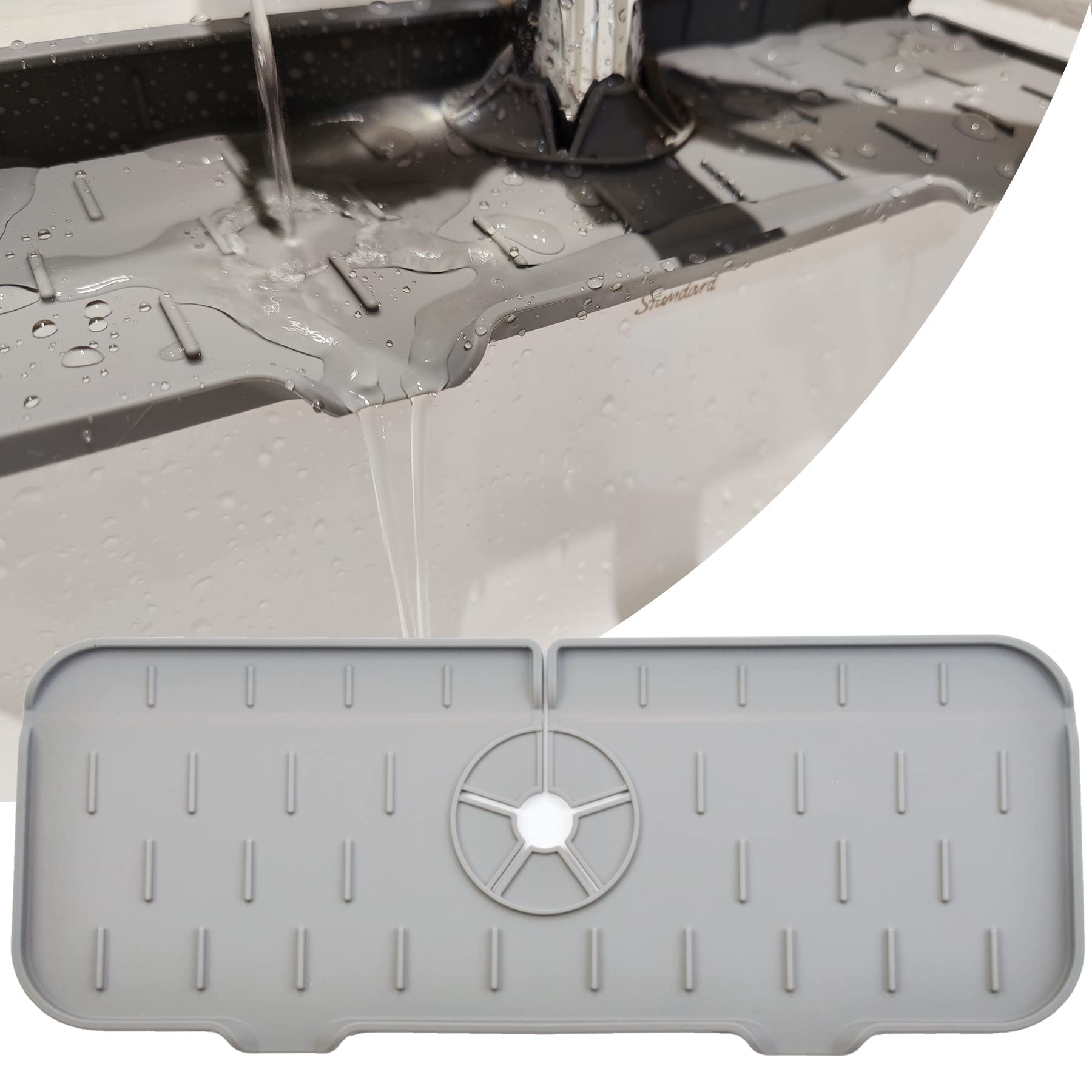 Kitchen Faucet Sink Splash Guard, Silicone Faucet Water Catcher Mat – Sink Draining Pad Behind Faucet, Grey Rubber Drying Mat for Kitchen