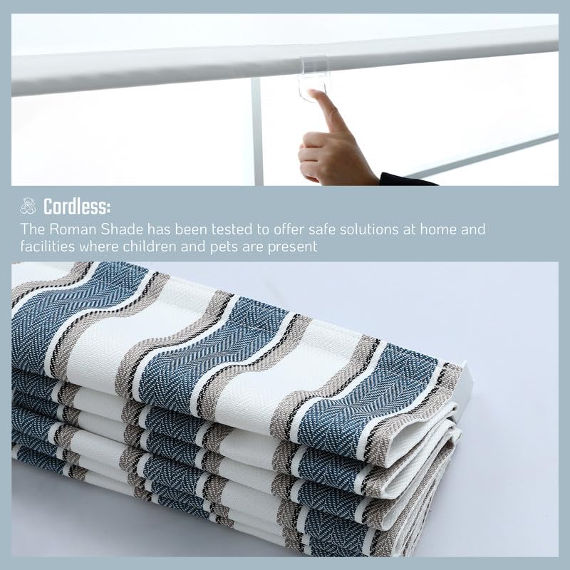 Everyday Celebration Roman Shades for Windows, Cordless Room Darkening Roman Window Shades, Pull Down Yarn-Dyed Vertical Stripe Window, Indoor Blinds & Shades with Woven Fabric, 35" W X 64" H, (Blue)