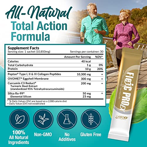 LABO Nutrition FlexC PRO EX, Full Spectrum Collagen, Type I, II, III, V & X, Peptan Collagen, Eggshell Membrane, Water Soluble Silica & Curcumin C3 Reduct, for Joint, Bones, Muscles, Nails, Skin
