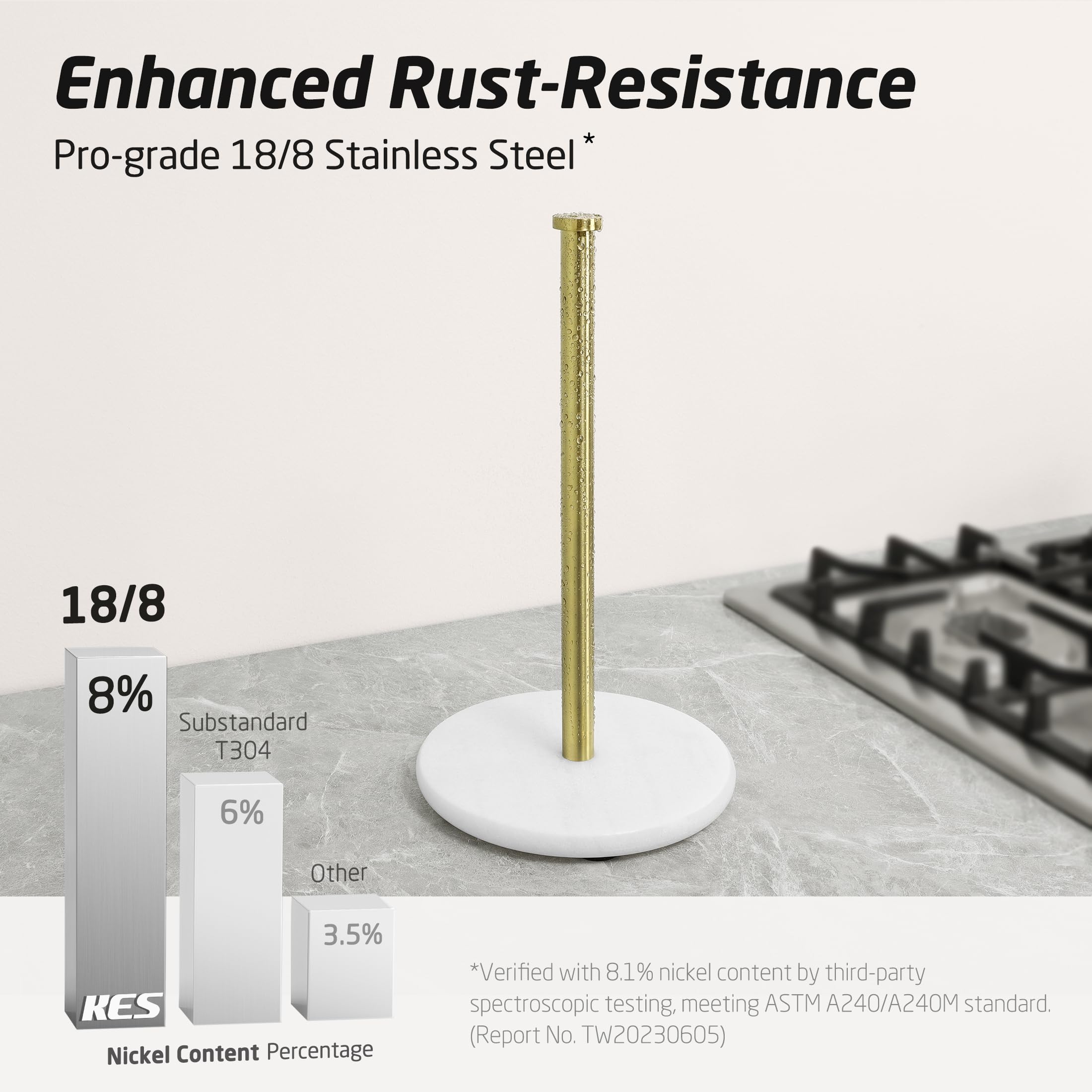 KES Gold Paper Towel Holder Kitchen Standing Paper Towel Roll Holders with Marble Base for Standard or Jumbo-Sized Rolls Brushed Brass, KPH100-BZ