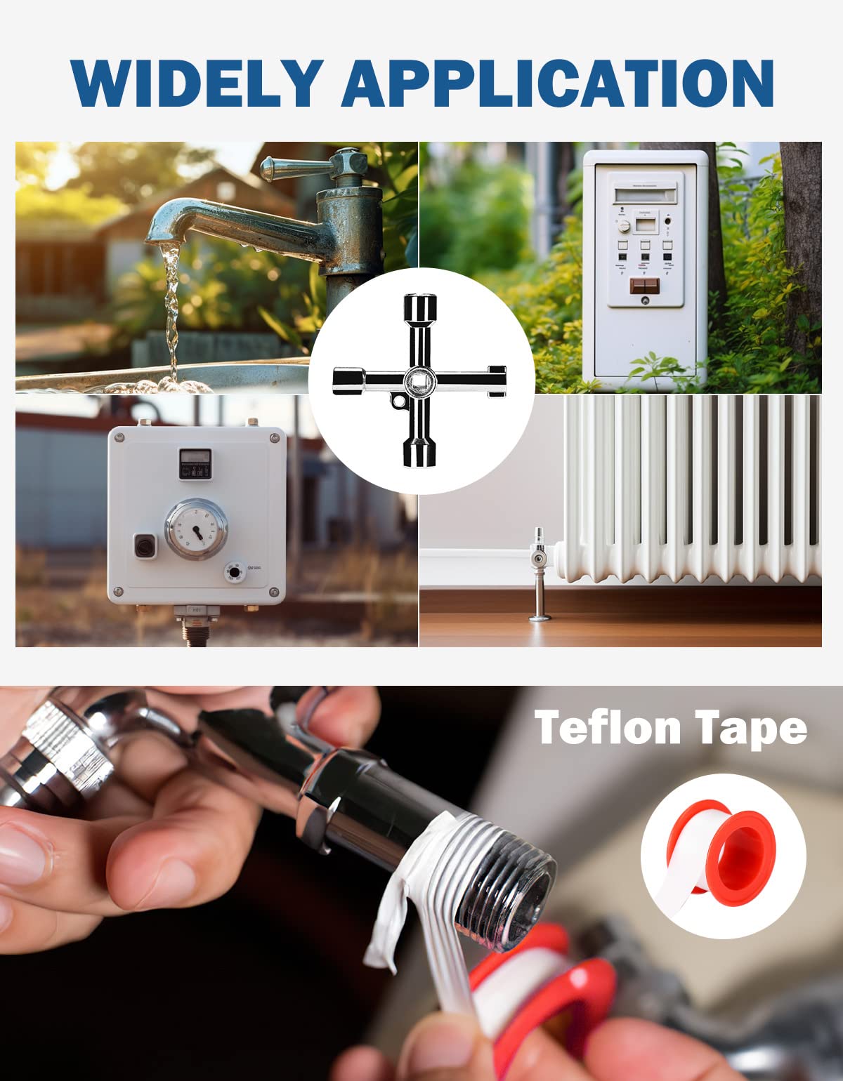 JOYTUTUS 12 Inch Multifunctional Water Meter Tool with 4-Way Key & Teflon Tape, T-Handle Valve Key