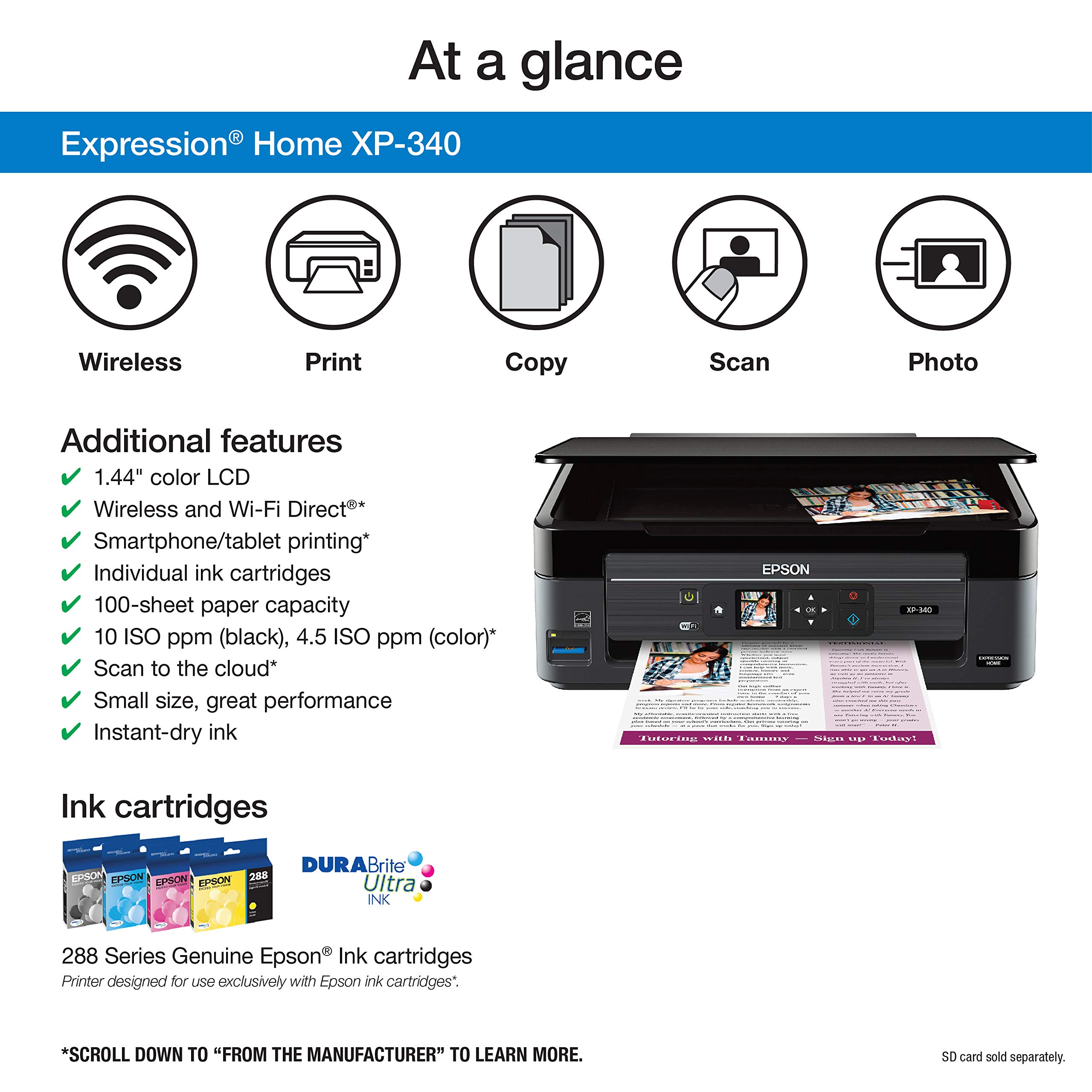 Epson Expression Home XP-340 Wireless Color Photo Printer with Scanner and Copier, Amazon Dash Replenishment Ready