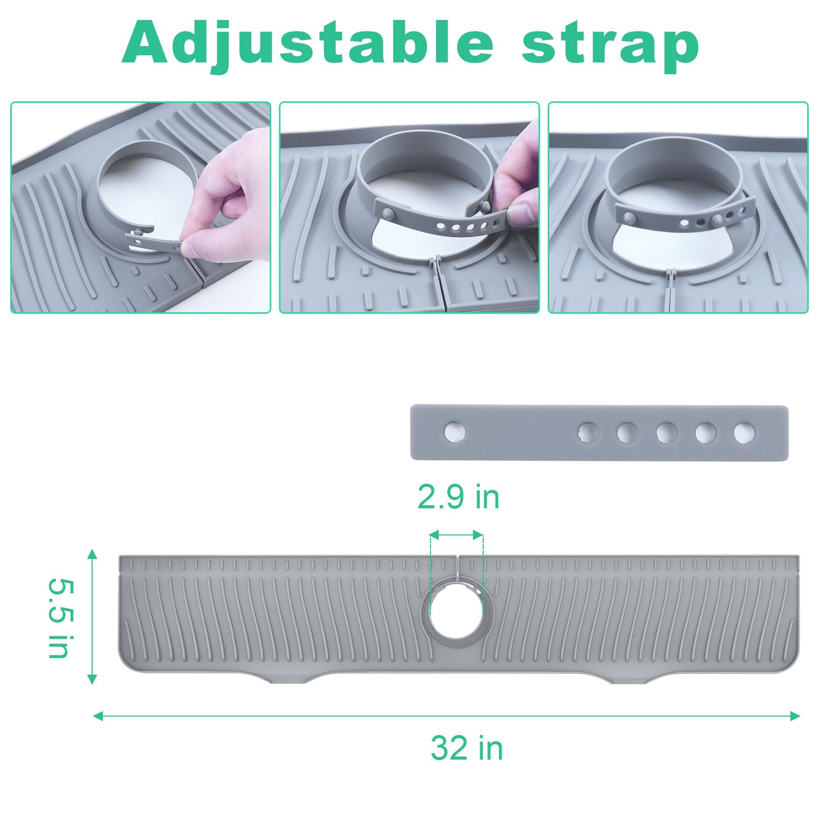 32 Inch Sink Splash Guard, Kitchen Sink Drying Mat, Countertop Faucet Drip Catcher Tray, Sponge Holder (Gray)