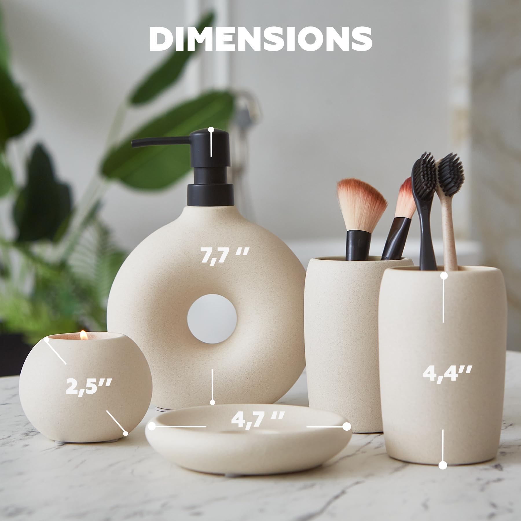 Terramoza Ceramic Bathroom Accessory Set, 5 Pcs - Includes Soap Dispenser, Toothbrush Cup, Toothbrush Holder, Soap Dish & Candle Holder - Beige, Matte Glaze - Aesthetic Bathroom Decor
