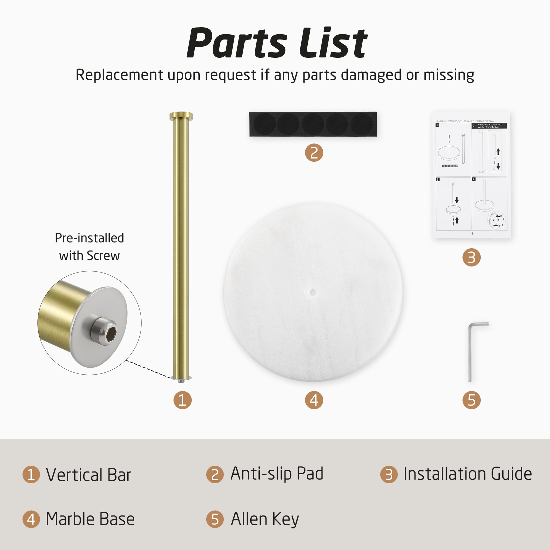 KES Gold Paper Towel Holder Kitchen Standing Paper Towel Roll Holders with Marble Base for Standard or Jumbo-Sized Rolls Brushed Brass, KPH100-BZ