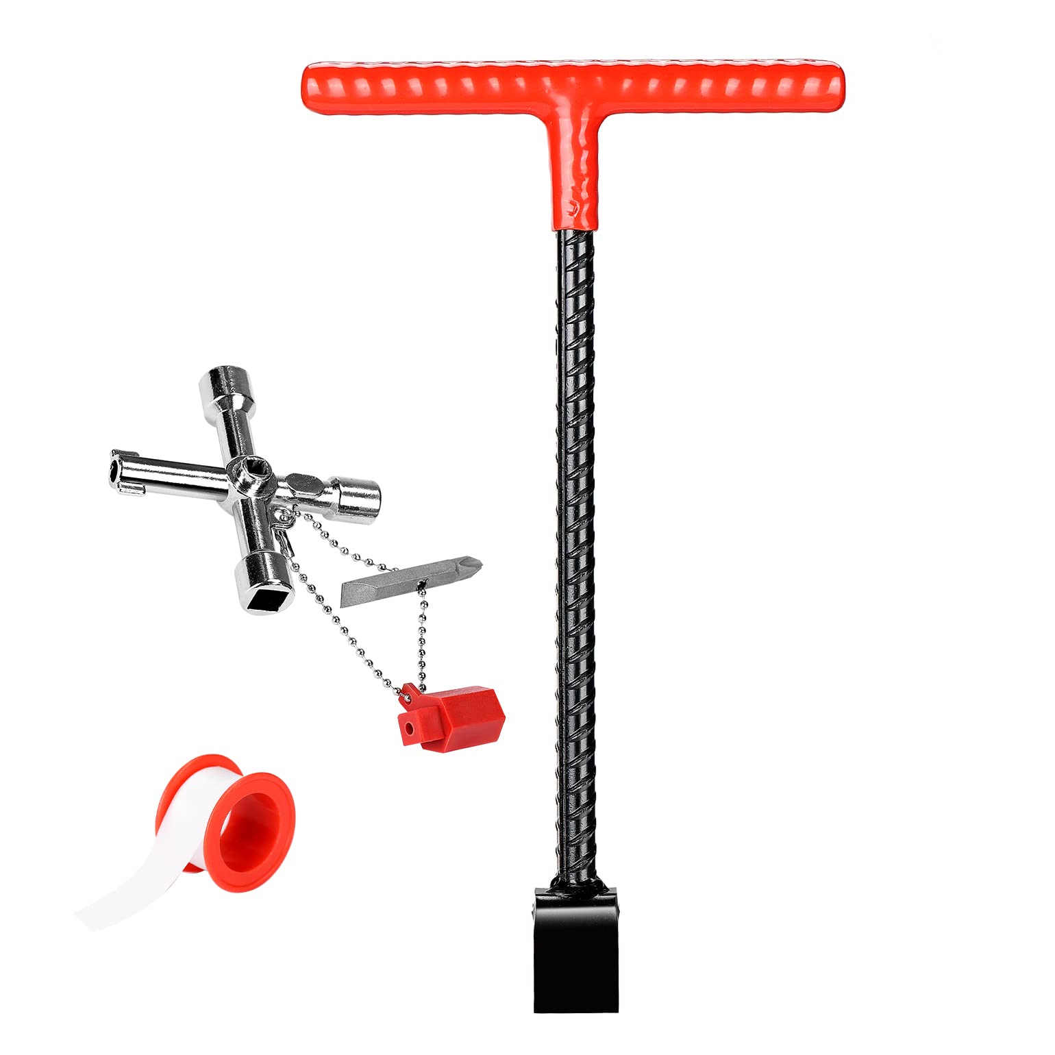JOYTUTUS 12 Inch Multifunctional Water Meter Tool with 4-Way Key & Teflon Tape, T-Handle Valve Key