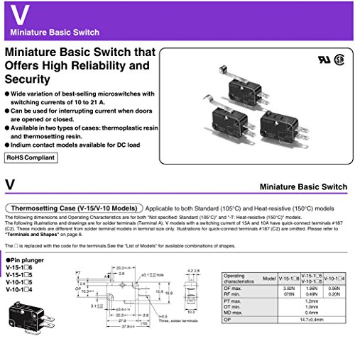 Omron Micro Limit Switch V-15-1C25 15A 125/250VAC #E66D (Pack of 2)