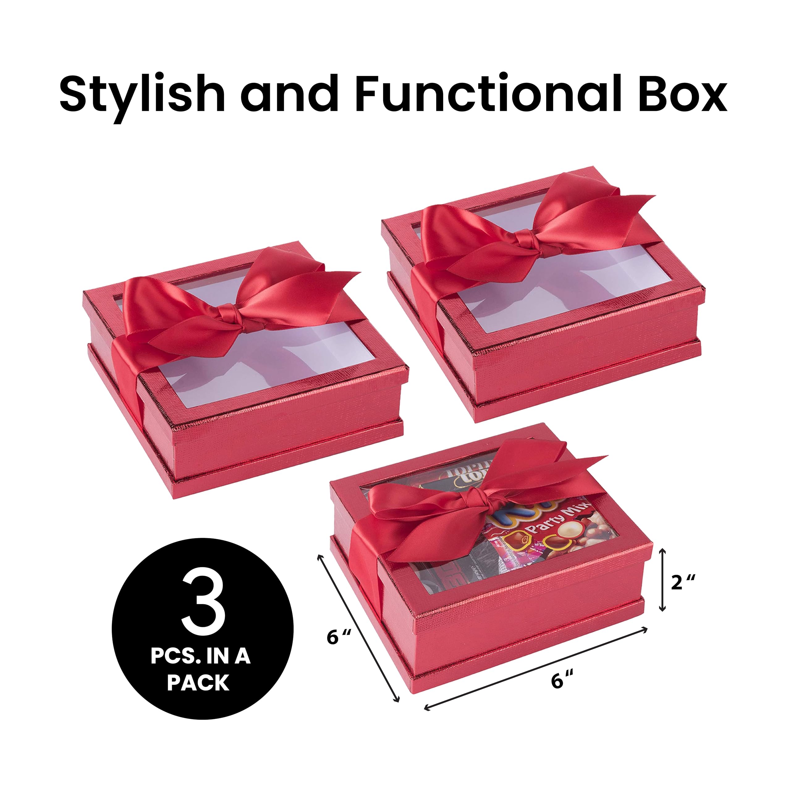 Hammont Clear Window Gift Boxes - 3 Pack - Multipurpose Bakery Boxes with Ribbon | Treat Boxes Perfect for Party Favors, Cookies and Cupcakes (Red, 6β x 6β x 2β)