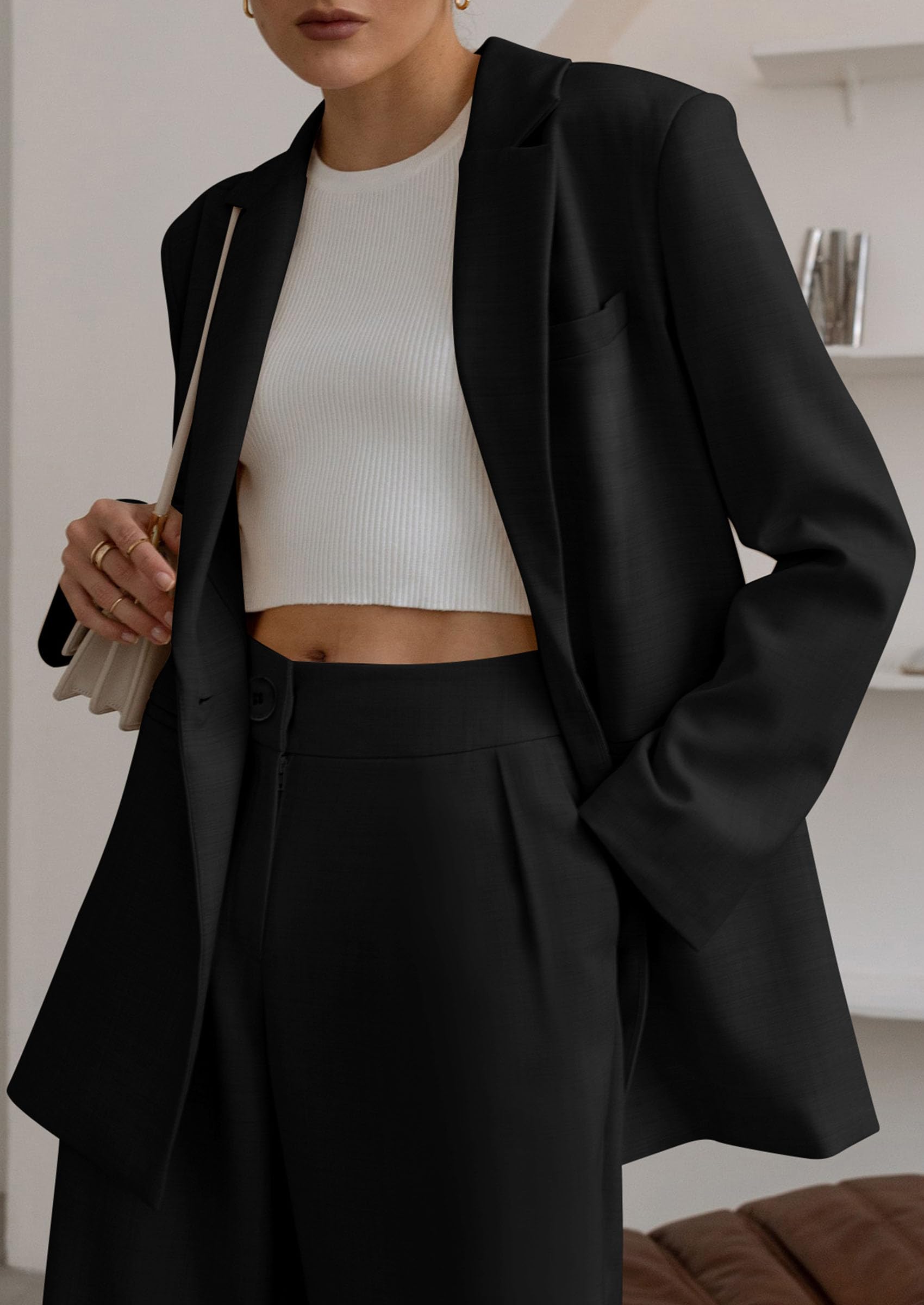 PRETTYGARDEN Women's Fall Two Piece Outfits Dressy Blazer Jacket and Wide Leg Pants Pockets Business Casual Office Suit Sets (Black,Small)
