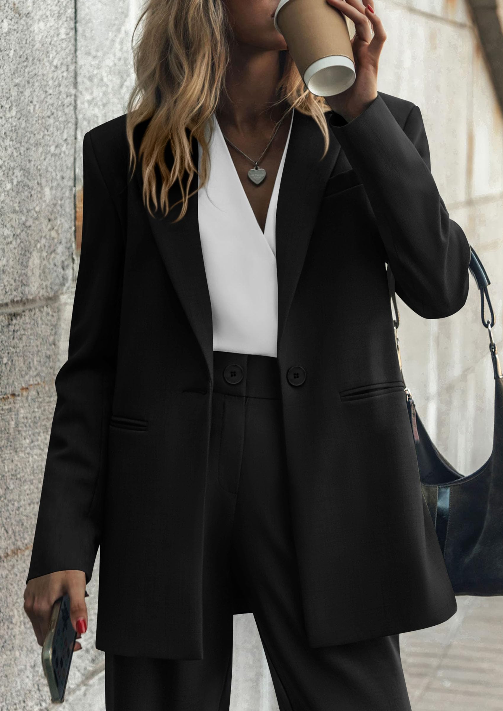 PRETTYGARDEN Women's Fall Two Piece Outfits Dressy Blazer Jacket and Wide Leg Pants Pockets Business Casual Office Suit Sets (Black,Small)
