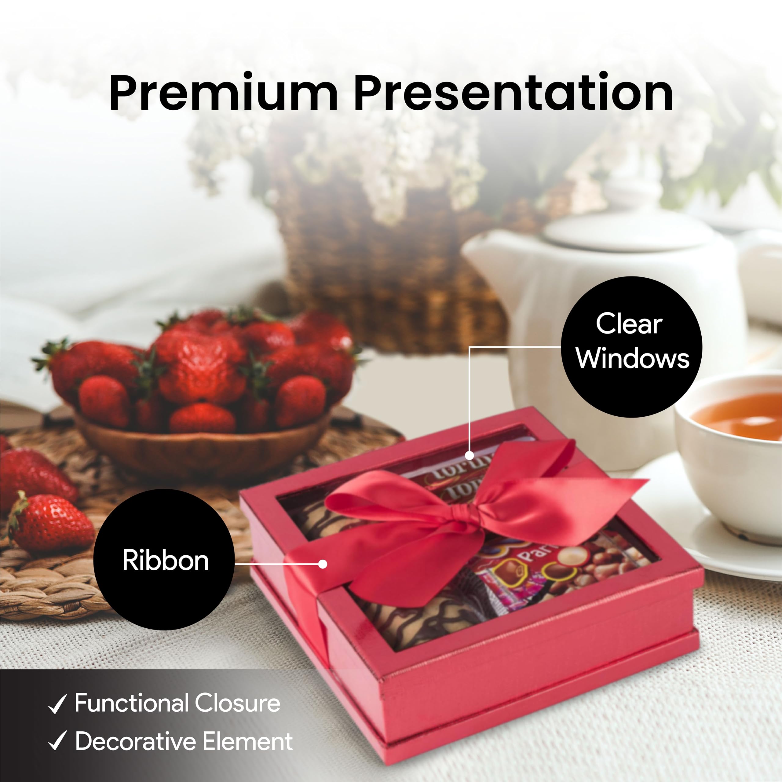 Hammont Clear Window Gift Boxes - 3 Pack - Multipurpose Bakery Boxes with Ribbon | Treat Boxes Perfect for Party Favors, Cookies and Cupcakes (Red, 6β x 6β x 2β)