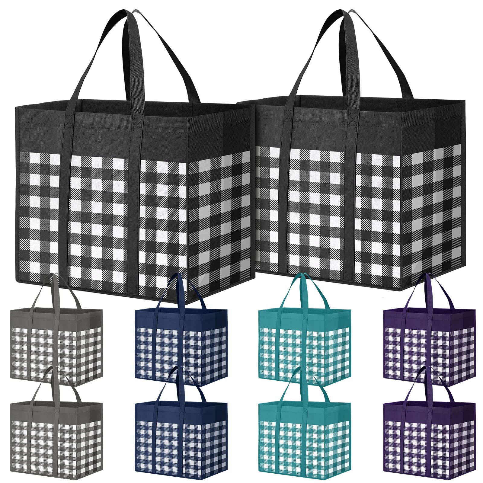 StorMiracle Reusable Grocery Bags 10-Pack, Large Foldable Reusable Shopping Tote Bags Bulk for Groceries, Waterproof Kitchen Cloth Produce Bags with Long Handles, Durable and Lightweight-Plaid Style A