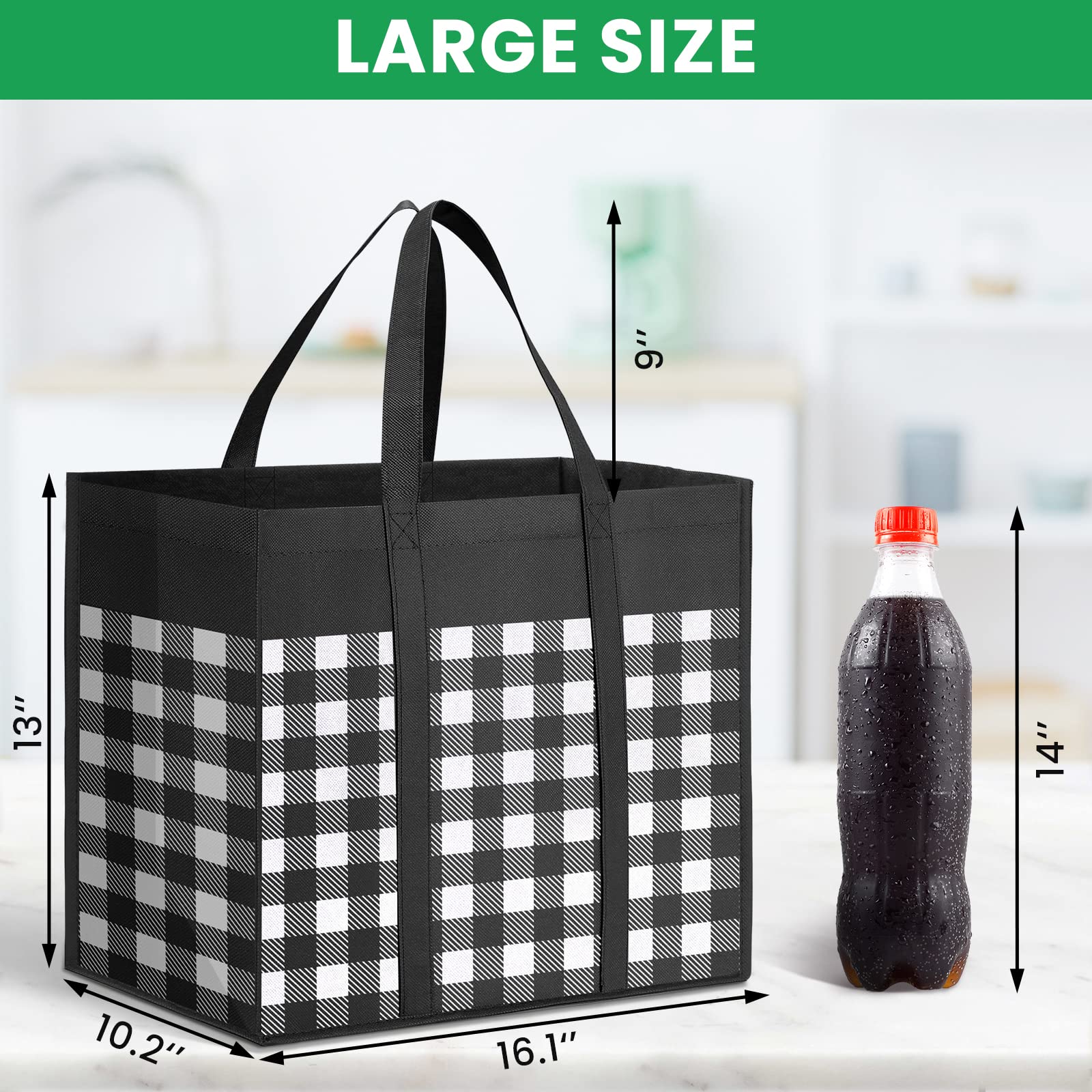StorMiracle Reusable Grocery Bags 10-Pack, Large Foldable Reusable Shopping Tote Bags Bulk for Groceries, Waterproof Kitchen Cloth Produce Bags with Long Handles, Durable and Lightweight-Plaid Style A