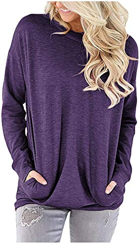 LaLaLa Womens Sweatshirts with Pockets Crewneck Casual Cotton Long Sleeve Tunic Top Shirts with Leggings (Medium,Purple)
