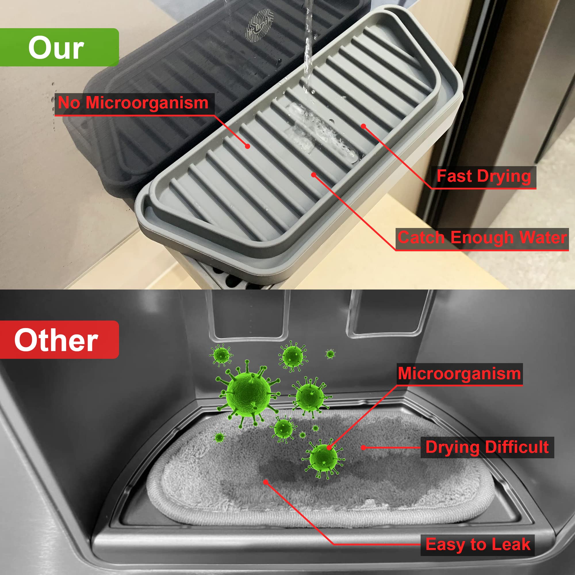 KindGa Refrigerator Drip Catcher Tray,Protector Ice and Water Dispenser Pan,Fridge Spills Water Pad Catch Basin for Drainage 2 Pack (Rectangular,Grey)