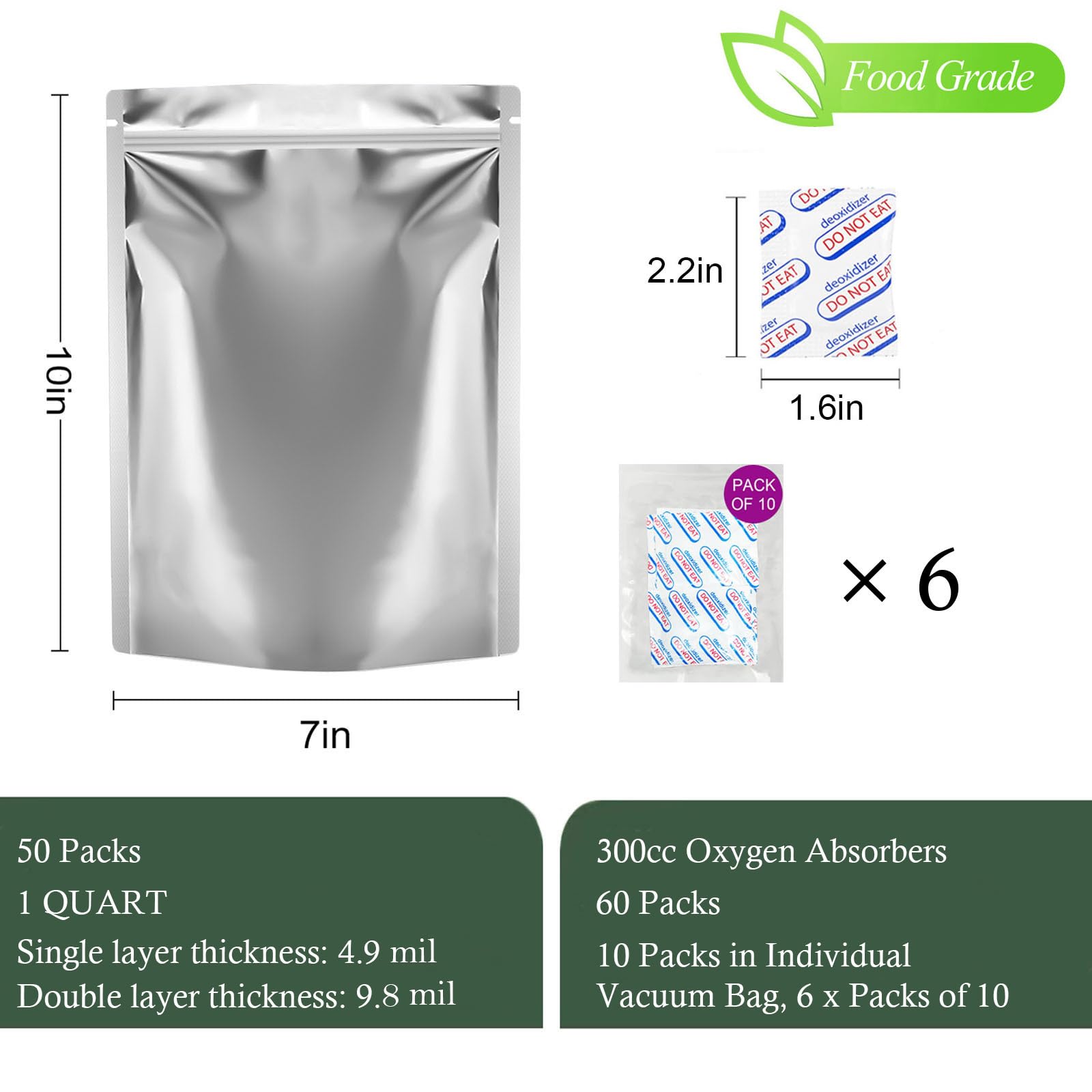 50 Pack 1 QUART Mylar bags for Food Storage With 60 Pack 300cc Oxygen Absorbers Stand-Up Zipper Pouches Resealable for Long Term Food Storage (7" x 10")