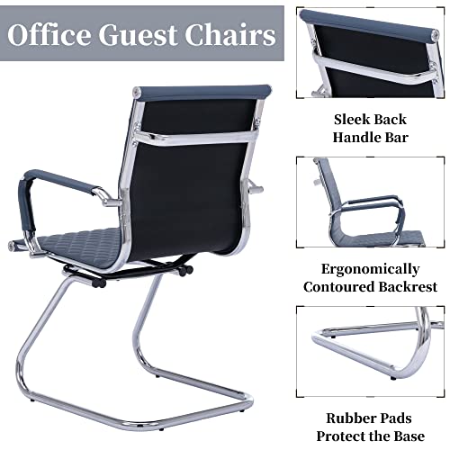 RIVOVA Office Guest Chairs Set of 8, Reception Chairs Conference Room Chairs with Arms & Sled Base, Modern Mid Back PU Leather Computer Chairs Desk Chairs no Wheels, Navy