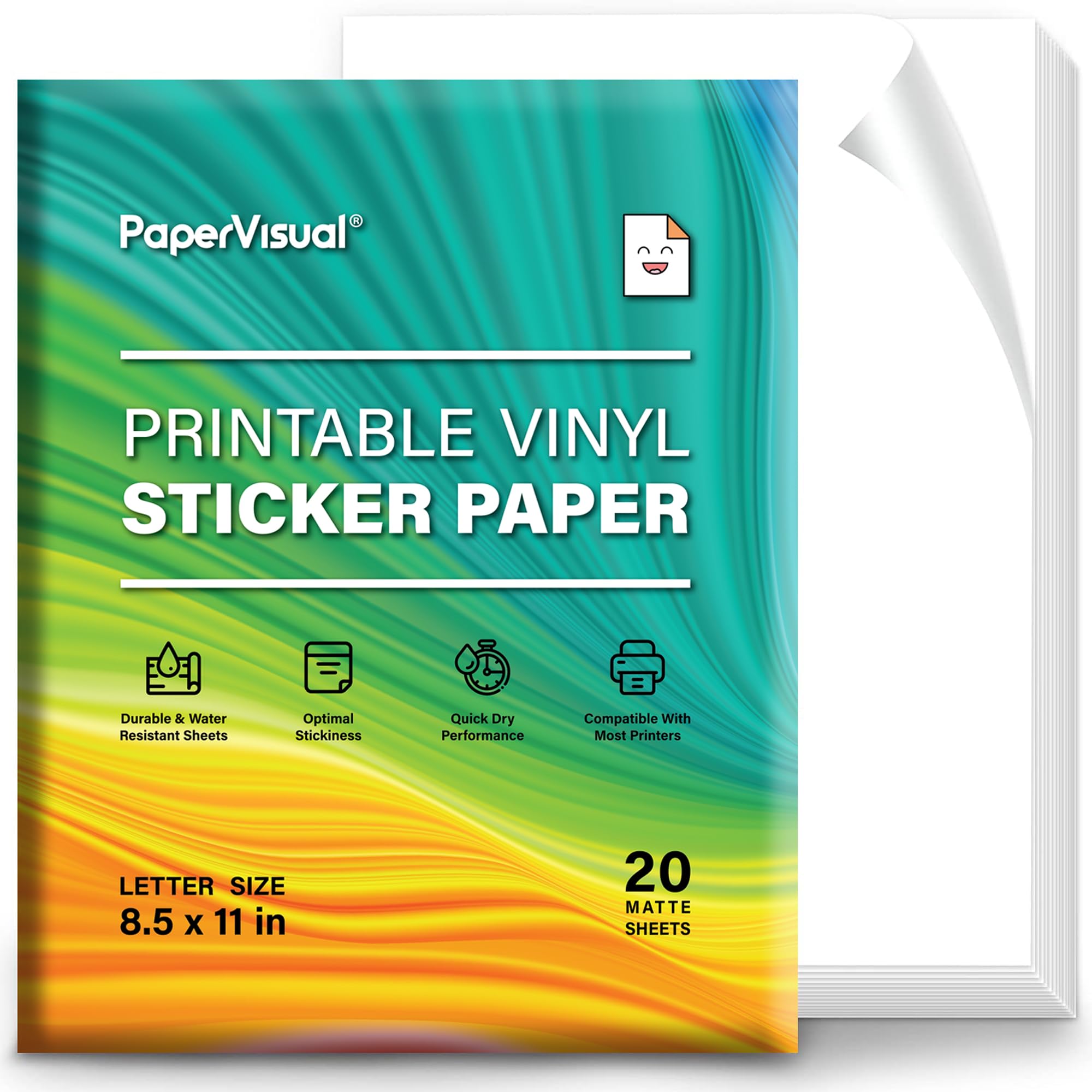 PAPERVISUAL Printable Permanent Vinyl Paper - 20 Sticker Sheets For Printer - Matte White Waterproof Sticker Paper - Thick Tear-Resistant Sticker Printer Paper - Laser, Inkjet Printable Sticker Paper