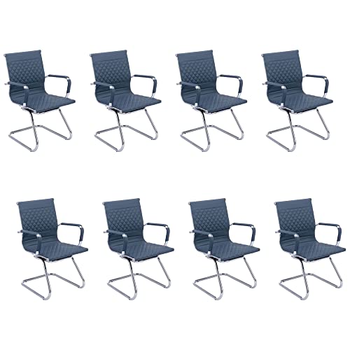 RIVOVA Office Guest Chairs Set of 8, Reception Chairs Conference Room Chairs with Arms & Sled Base, Modern Mid Back PU Leather Computer Chairs Desk Chairs no Wheels, Navy