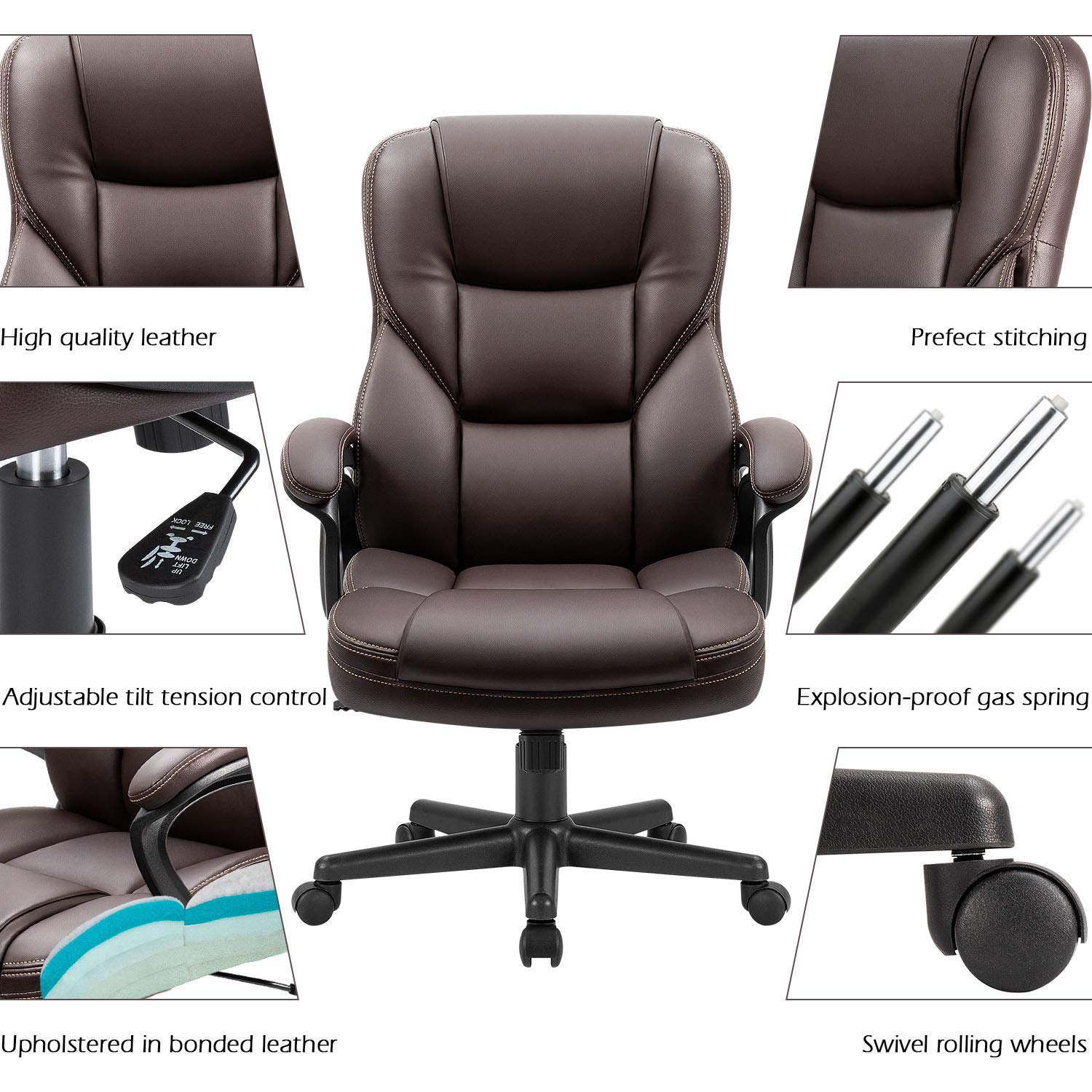 Furmax Office Executive Chair High Back Adjustable Managerial Home Desk Chair, Swivel Computer PU Leather Chair with Lumbar Support (Brown)
