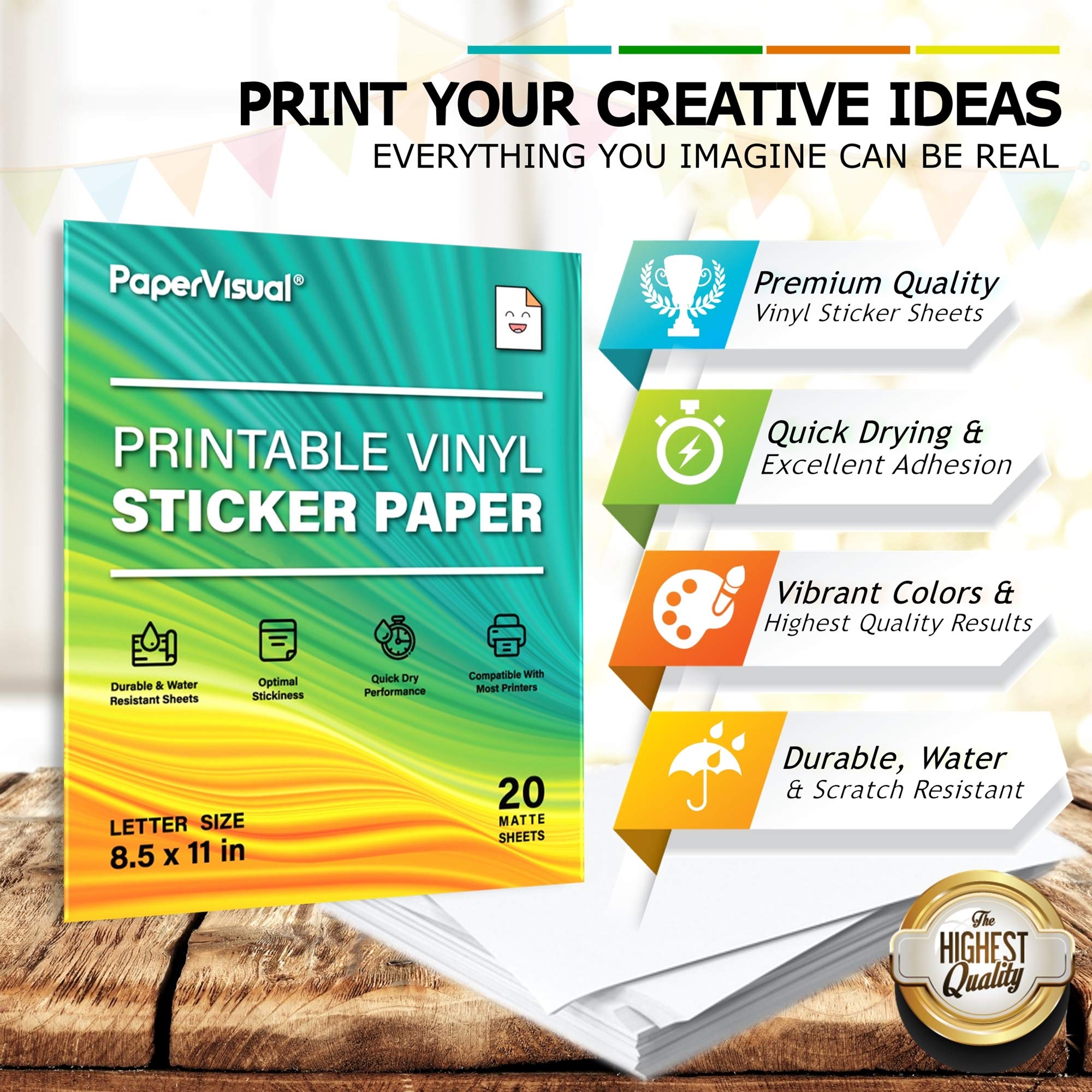 PAPERVISUAL Printable Permanent Vinyl Paper - 20 Sticker Sheets For Printer - Matte White Waterproof Sticker Paper - Thick Tear-Resistant Sticker Printer Paper - Laser, Inkjet Printable Sticker Paper