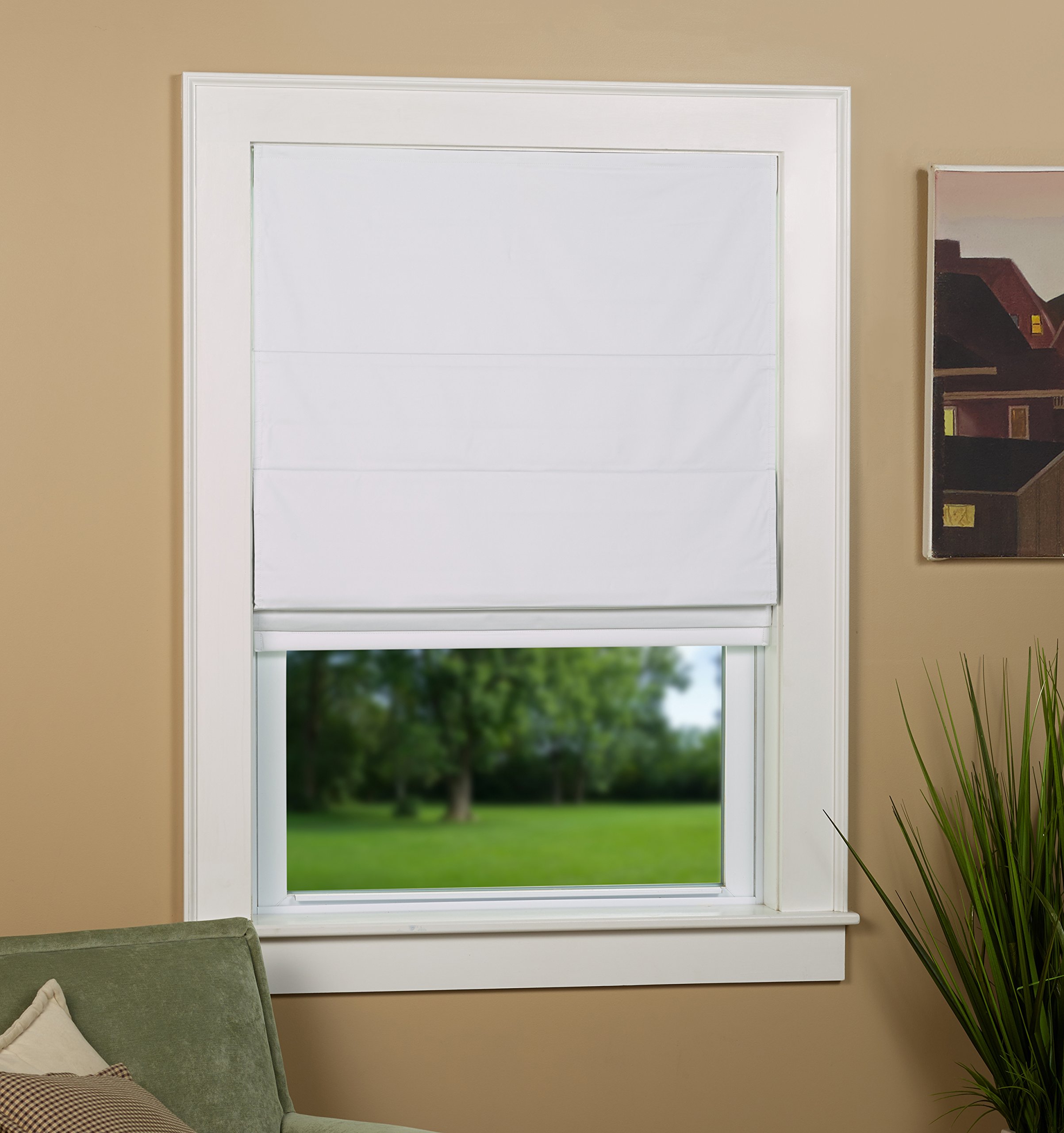 Green Mountain Vista Cotton Blend Fabric Blackout Cordless Roman Shade, Size 32" W x 63" L - Color: White - Room Darkening Roman Shade for Windows - Thermal Backed Insulated Roman Shade