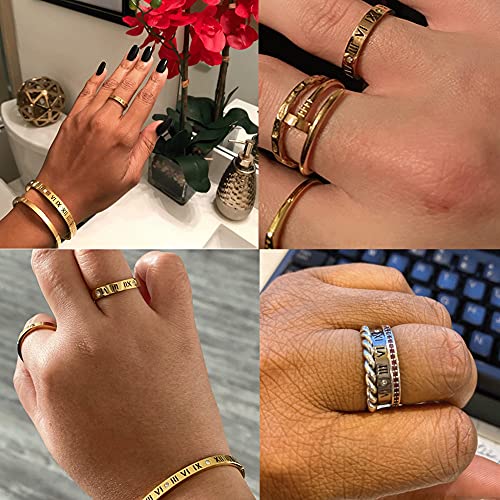 VNOX Women's Stainless Steel Zirconia Roman Numerals Wedding Band Ring for Womens,Gold Plated,Size 10