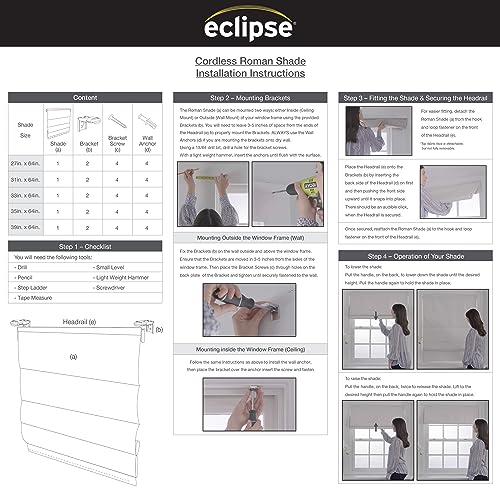Eclipse Drew Roman Shades for Windows, Cordless 100% Blackout Shades, 23 in Wide x 64 in Long, Noise Reducing, Energy Efficient and Textured Solid Window Shades for Living Room, Bedroom, Linen