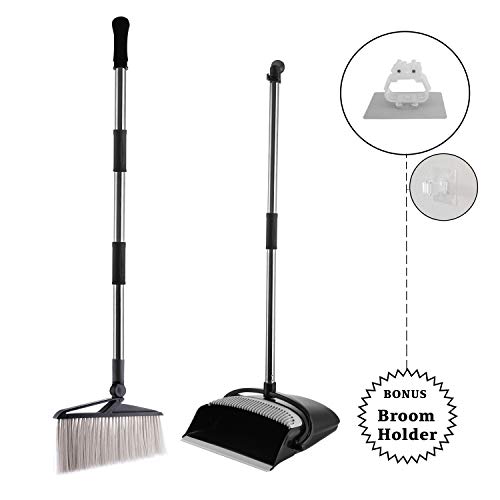 GAMLI Broom and Dustpan Combo Set - Rotatable Wisp Cleaning for Kitchen Floor, Indoor, Hardwood Floors, Industrial, Lobby. Adjustable Broom Pole, Windproof Dustpan - Free Broom Holder