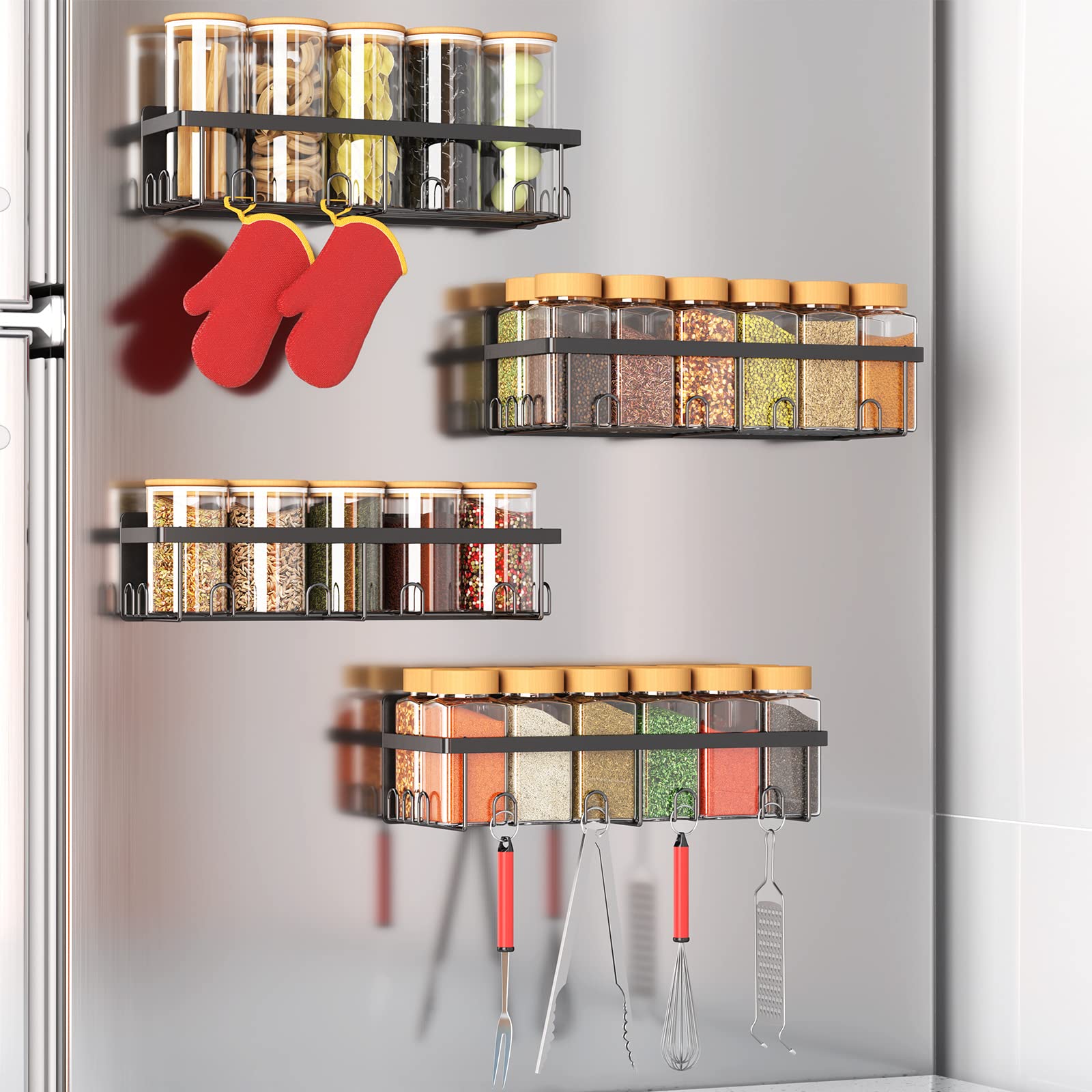 EAZOO 4 Pack Magnetic Spice Rack for Refrigerator - Strong Fridge Organizer with Hook to Save Kitchen Space - Magnet for Microwave, Dishwasher and Metal Shelves - Black