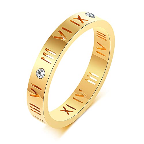 VNOX Women's Stainless Steel Zirconia Roman Numerals Wedding Band Ring for Womens,Gold Plated,Size 10