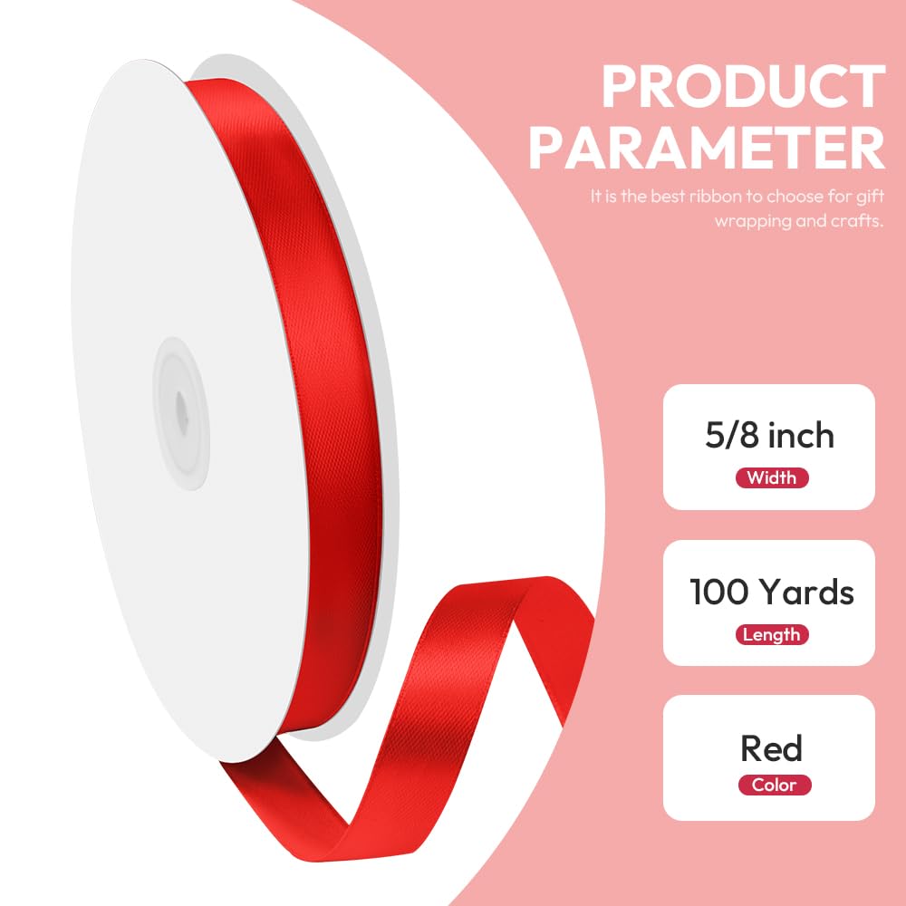 Quhora 5/8 inches Wide x 100 Yards Single Faced Red Polyester Satin Ribbon, Satin Ribbon for Gift, Crafts, Hair Bows, Gift Wrapping, Wedding Party Decoration and More