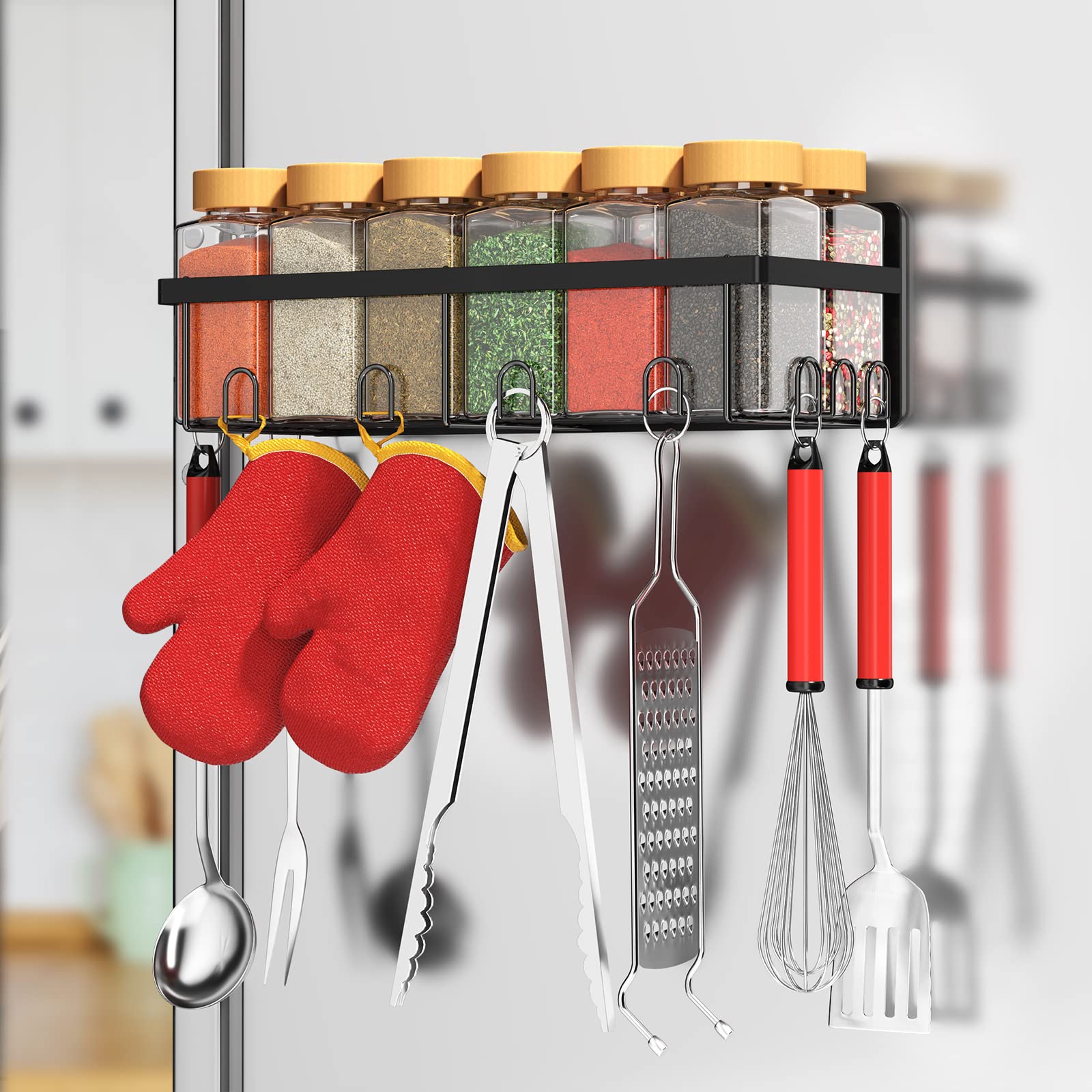 EAZOO 4 Pack Magnetic Spice Rack for Refrigerator - Strong Fridge Organizer with Hook to Save Kitchen Space - Magnet for Microwave, Dishwasher and Metal Shelves - Black